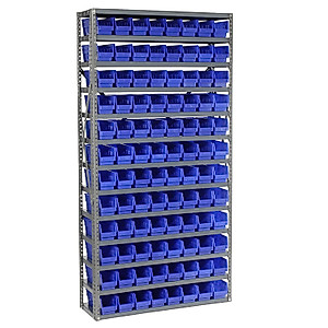 Global Industrial 13 Shelf Steel Shelving with (96) 4" H Plastic Shelf Bins, Blue, 36x12x72