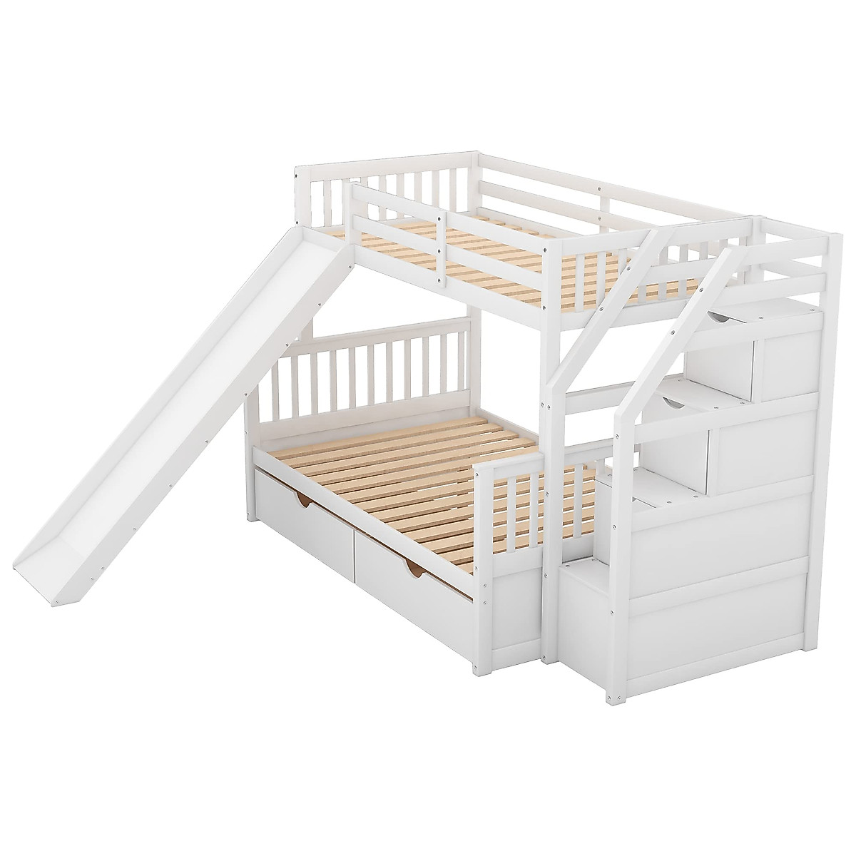 Twin Over Full Bunk Bed with Stairs and Slide, Solid Wood Bunk Bed Frame with Storage Drawers for Kids Girls Boys (White)