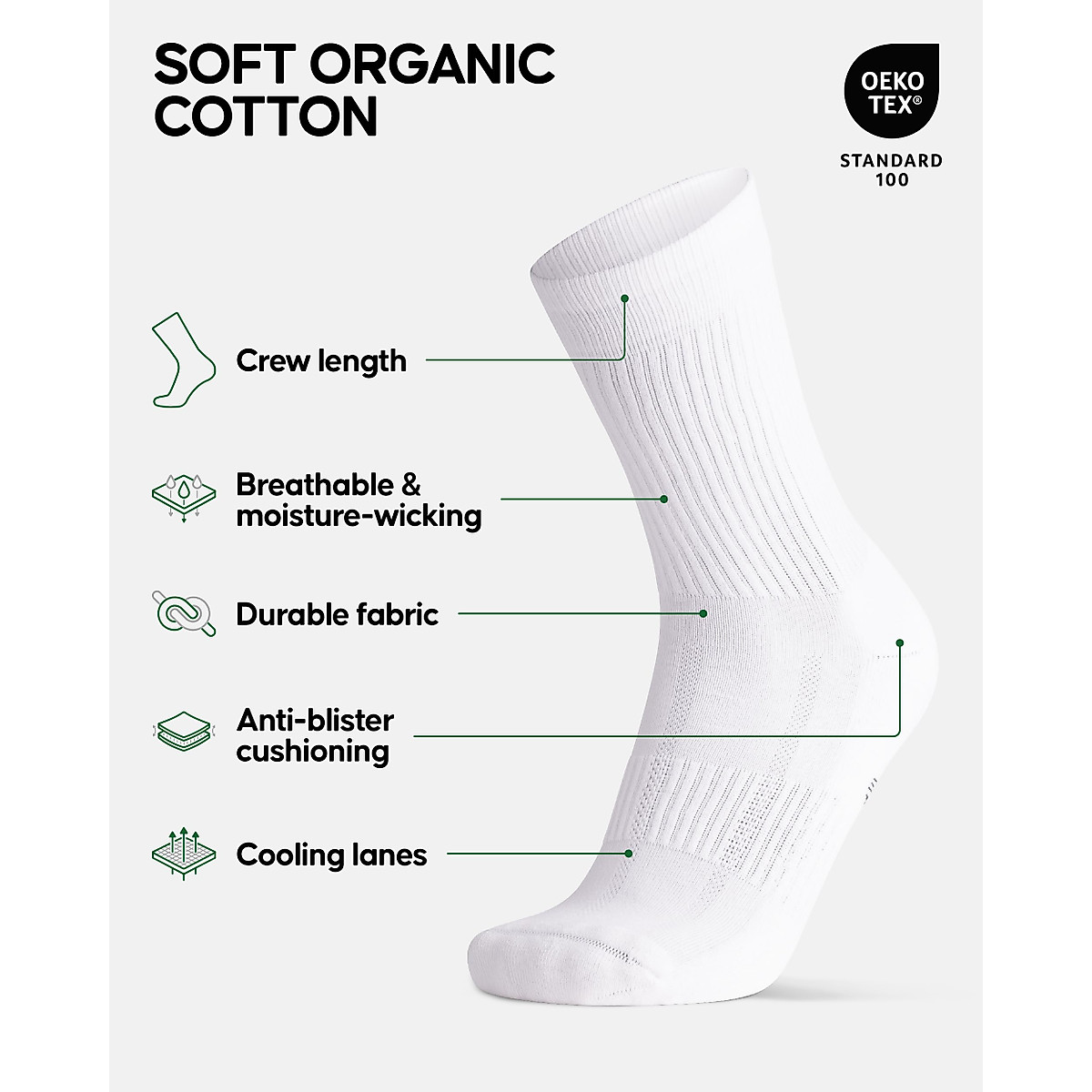 DANISH ENDURANCE Performance Crew Socks (White 3 Pairs, US Women 11-13 // US Men 9.5-12.5)