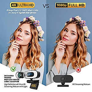 AVMPTECH 4K Webcam with Light & Microphone Autofocus USB Web cam w. Microphone Wide Angle Webcam for Desktop HD Streaming Camera for Computer Webcam Light usbc Privacy Cover & Webcam Tripod Webcam