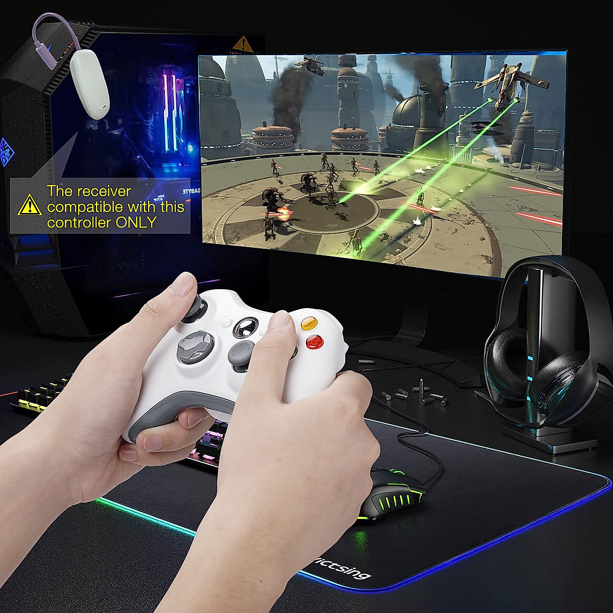 YCCSKY Wireless Controller for Xbox 360, 2.4GHz Enhanced Dual Vibration Game Controller with Receiver Remote Gamepad Joypad Joystick for Xbox 360 Slim PS3 and PC Windows 7/8/10 (White)