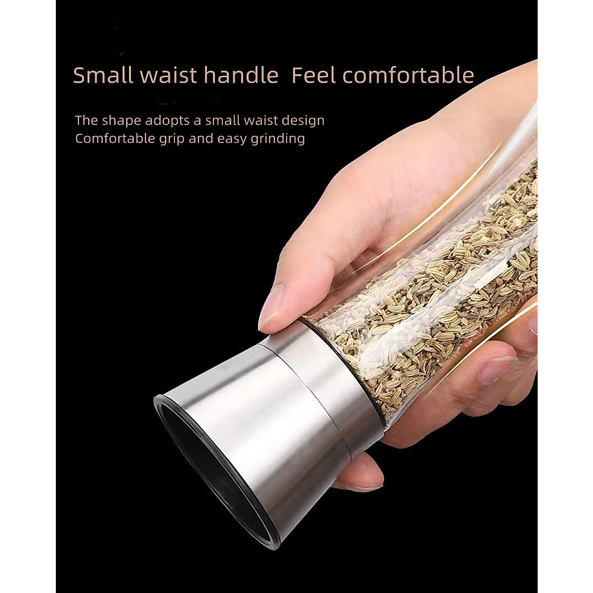 1pcs Pepper Grinder or Salt Grinder, Best Spice Mill with Ceramic Blades, Adjustable Coarseness, Brushed Stainless Steel Cap, and Refillable Tall Glass Body (7.5")