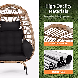 PIKAQTOP Egg Chair, Oversized Indoor Outdoor Lounger Chair for Patio, Backyard, Living Room w/ 4 Cushions and Stand, Steel Frame, 350lb Capacity, Black