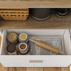 ECACAD 59.1" L Kitchen Island with Lots Storage & Foldable Brown Counter Top, Wood Kitchen Prep Table Stationery Storage Cabinet with Drawers, Shelves & Doors for Dining Room, Brown & White