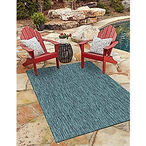 Rugs.com Outdoor Solid Collection Rug – 4' x 6' Teal Flatweave Rug Perfect for Entryways, Kitchens, Breakfast Nooks, Accent Pieces