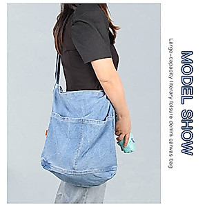 Oweisong Women Denim Tote Bags for School Canvas Hobo Shoulder Handbag Causal Jean Crossbody Bags Retro Large Capacity Purse