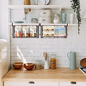 Hanging Under Shelf Storage Basket, 4 Pack Foldable Under Cabinet Metal Desk Storage Wire Rack Organizer for Kitchen Pantry Bookshelf Office Home, Easy to Install Slide-in Under Shelves (Black)
