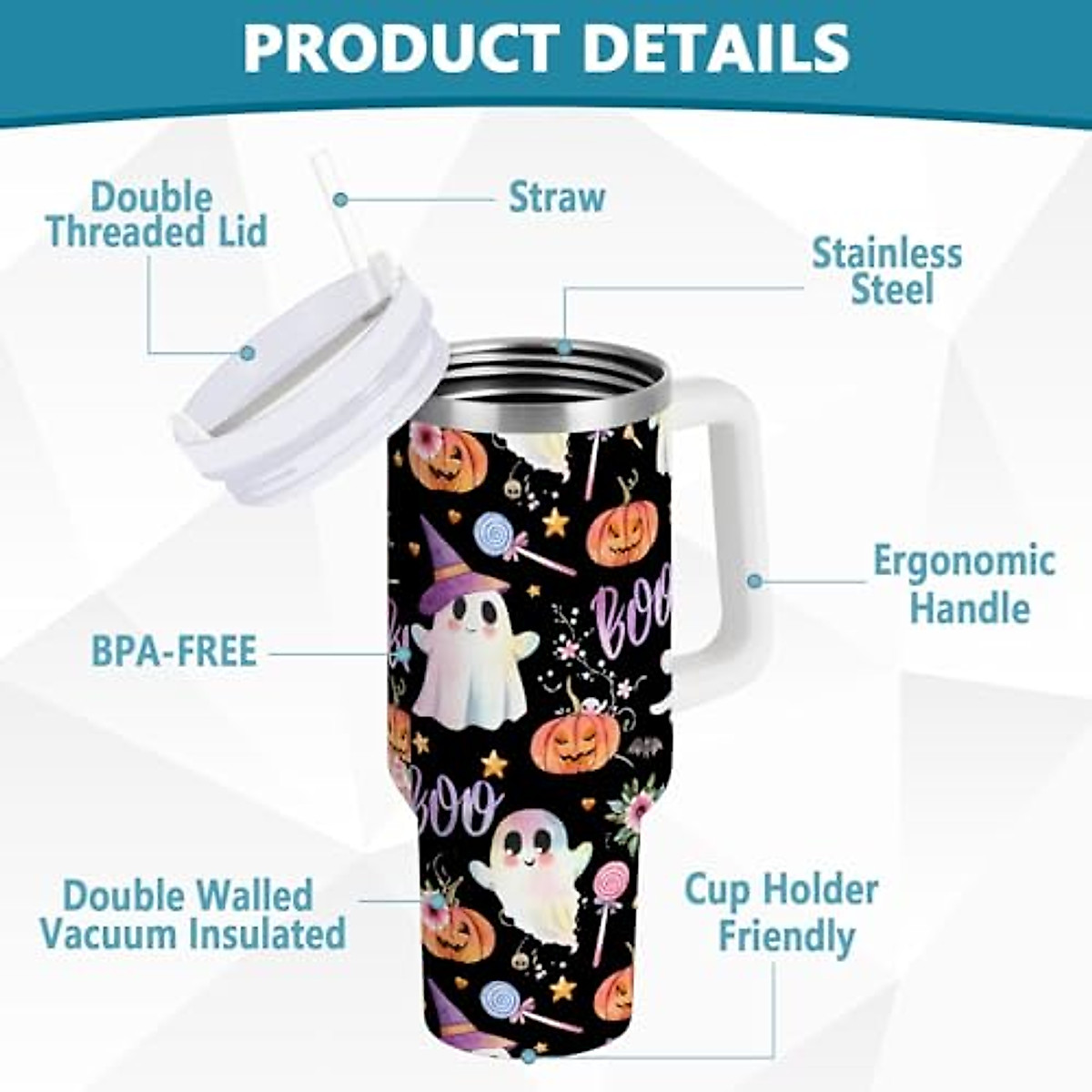 ODAWA Large Cute Halloween Specter Insulated Water Tumbler with Handle and Straw Lid, 2 in 1 Lid Steel Insulated Tumbler