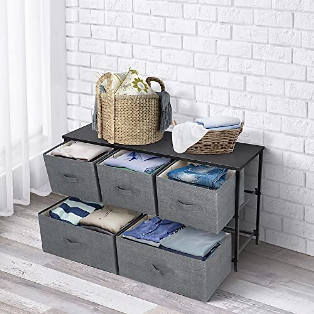 ZENY Extra Wide Dresser Storage Tower - Storage Tower Unit for Bedroom, Hallway, Closet, Office Organization - Steel Frame, Wood Top, Easy Pull Fabric Bins - 5 Drawers