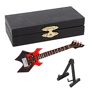3.9in Miniature Bass Model, Dollhouse Mini Musical Instrument Guitar Model With Stand and Case (10cm Red Pointed Electric Bass)