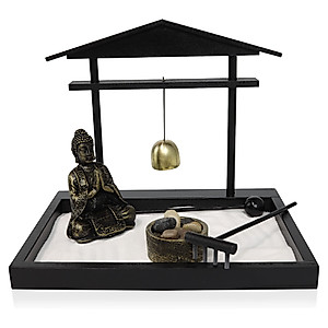 Japanese Zen Garden Kit Home Decor - Mini Zen Garden Buddha with Bell Hanging Archway Office Desk Accessories - Zen Sand Garden Desk Office Decor - 8.5" x 6.5" x 7"