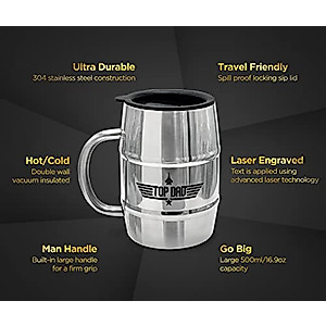 GALVANOX Gift Mug for Dad, Stainless Steel TOP DAD Barrel Cup with Handle and Sip Lid (Hot n' Cold) Double Wall Insulation for Beer & Coffee, 17oz (Gift Boxed for Christmas/Fathers Day)