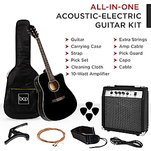 Best Choice Products Beginner Acoustic Electric Guitar Starter Set w/ 41in, All Wood Cutaway Design, Case, Strap, Picks - Black