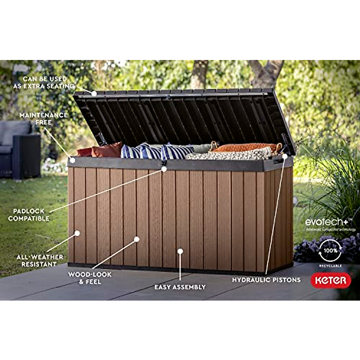 Keter Darwin 150 Gallon Resin Large Deck Box - Organization and Storage for Patio Furniture, Outdoor Cushions, Garden Tools and Pool Toys, Brown & Black