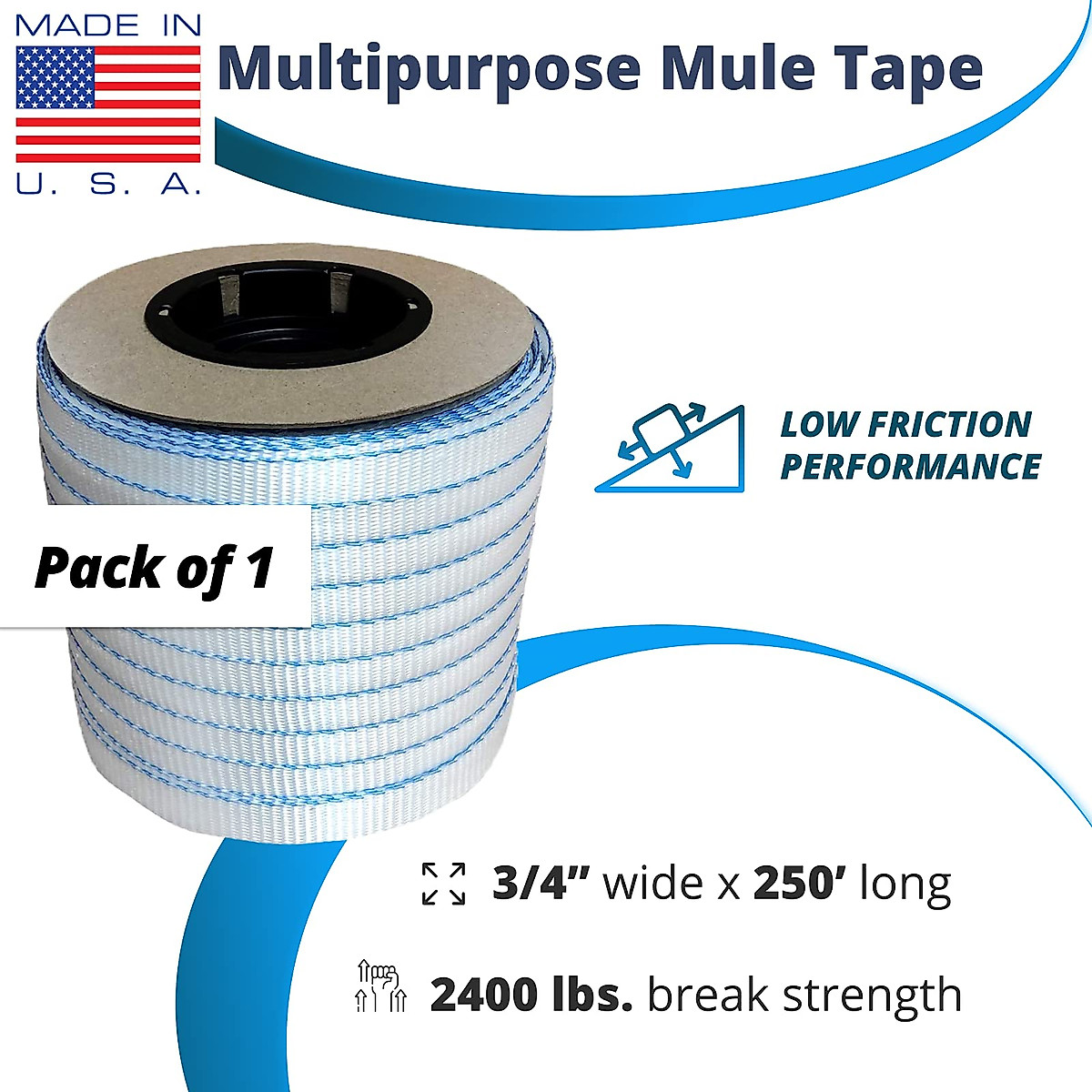IDL Packaging 3/4" x 250' Mule Tape, 2400 lbs Break Strength, White - UV-, Moisture- & Abrasion Resistant Pull Tape - Heavy Duty Unmarked Woven Polyester Flat Rope for Pulling Wires, Camping, Home Use