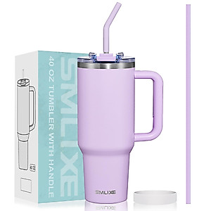 SMLIXE 40 oz Tumbler with Handle and Straw Lid,Insulated Reusable Stainless Steel Water Bottle Travel Mug，Cupholder Friendly Double Wall Vacuum Sealed Cup (Lavender Purple)