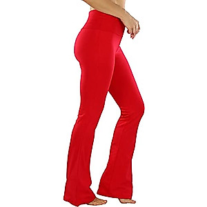 ToBeInStyle Women’s Premium Comfortable Cotton-Blend Fold Over Flared Yoga Pants Leggings - Ruby - Large
