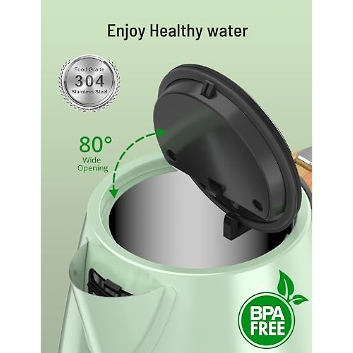 Paris Rhone Electric Kettle, Stainless Steel Electric Tea Kettle for Boiling Water, 1.7L Hot Water Boiler Heater, 1500W, Auto Shutoff, Boil-Dry Protection, LED Indicator, Coffee and Tea, Green