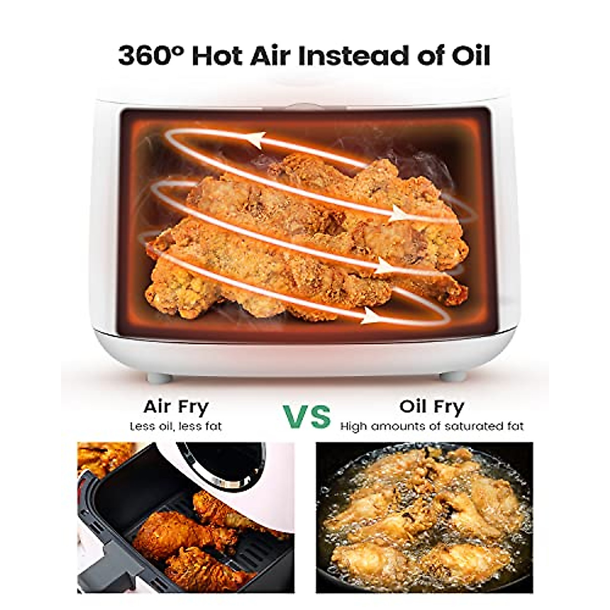 [NEW LANUCH] KOOC Large Air Fryer, 4.5-Quart Electric Hot Oven Cooker, Free Cheat Sheet for Quick Reference Guide, LED Touch Digital Screen, 8 in 1, Customized Temp/Time, Nonstick Basket, White