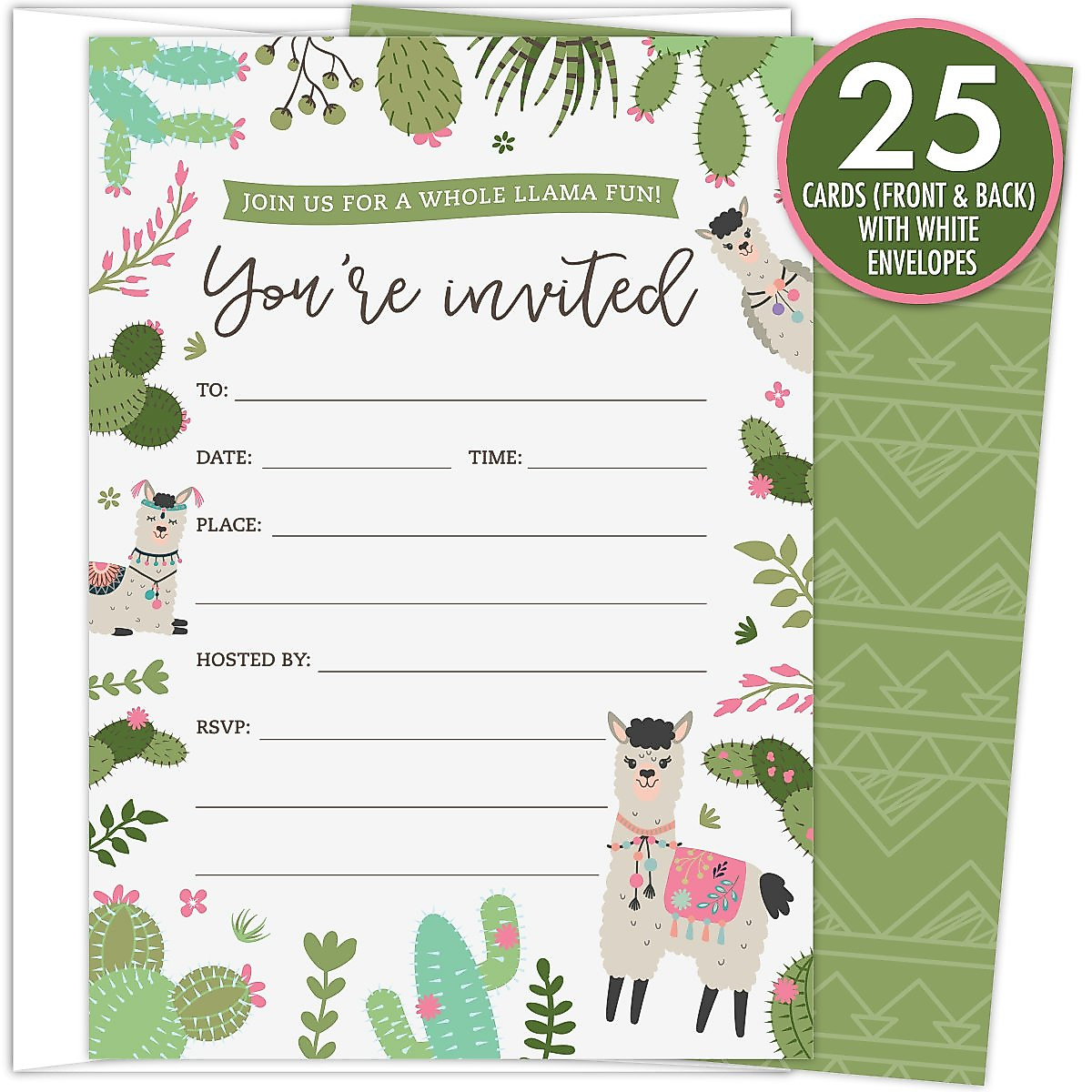Koko Paper Co. A Whole Llama Fun Party Invitations. Set of 25 Fill-in Style Invites and White Envelopes Featuring Llamas, Colorful Cactus and Floral Accents. Perfect for Birthdays or Any Events.