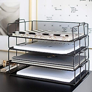 Blu Monaco Desk Organizers and Accessories Stackable Paper Tray - 4 Tier Stackable Letter Trays - Black Metal Mesh File Holder Organizer
