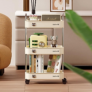 3 Tier Rolling Utility Cart, Heavy Duty Storage Carts with Plastic Storage Basket & Lockable Wheels, Mobile Shelving Unit Organizer Trolley for Bathroom Laundry Bedroom Office Kitchen