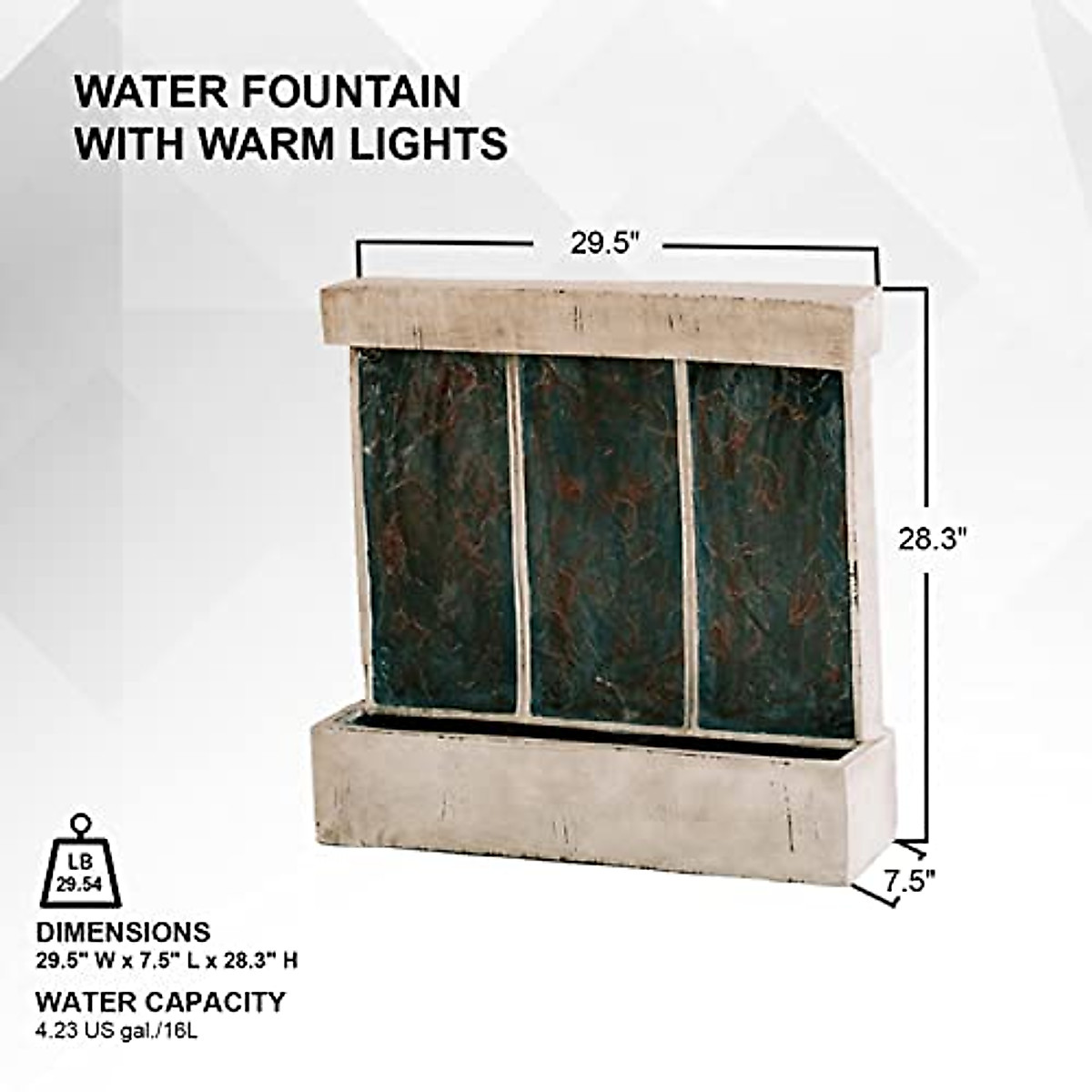 XBrand Polystone Wall Water Fountain with Warm Light and Splash Guard, Indoor Outdoor Wall-Mounted Fountain, Relaxing Décor for Home Patio Garden Backyard, 29.5 Inch Wide, Natural Stone and Green