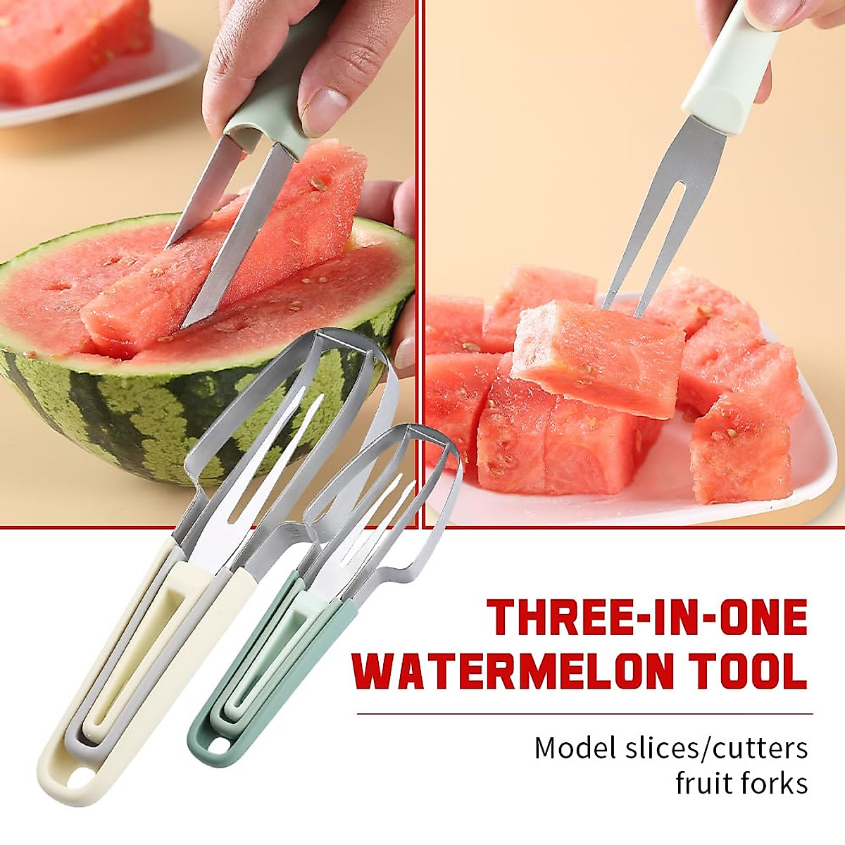 3 in 1 Watermelon Fork Slicer Cutter, 2024 New Summer Watermelon Cutting Tool, Stainless Steel Watermelon Popsicle Cutter Melon Cutter Knife Portability Fruit Fork for Kitchen Gadgets (Green)