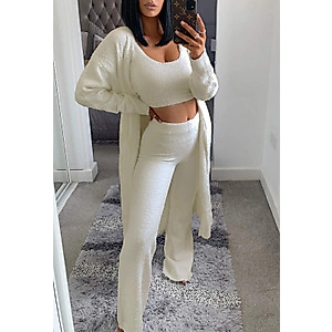TOLENY Women Fuzzy 3 Piece Lounge Sets Open Front Cardigan Crop Top Wide Leg Pants Sweatsuit Outfits White XL