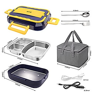 BESTORE Electric Lunch Box, 60w High-Power Portable Food Warmer Lunch Box For Car and Home, Heated Lunch Boxes For Adults with 1.5L Removable 304 Stainless Steel Container, Fork and Spoon Carry Bag