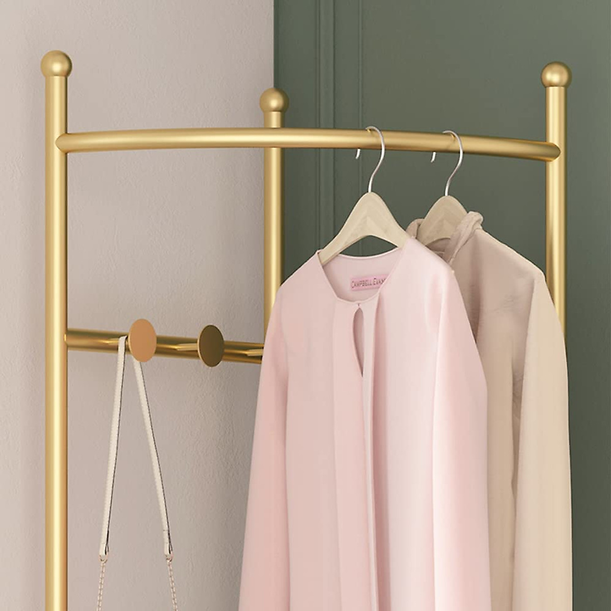 FLRH Metal Corner Coat Rack, Corner Hall Tree with Storage Basket, Freestanding Clothes Rack Organizer for Entryway, Living Room, Bedroom, Home, Office (Gold)