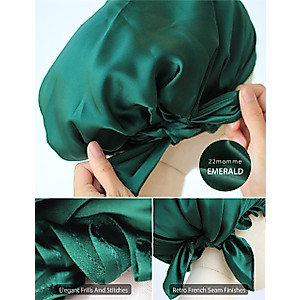 100% Silk Bonnet for Sleeping, Hair Bonnet with Tie Band, Large Silk Sleep Cap for Curly Hair, Silk Hair Wrap for Hair Care, Emerald
