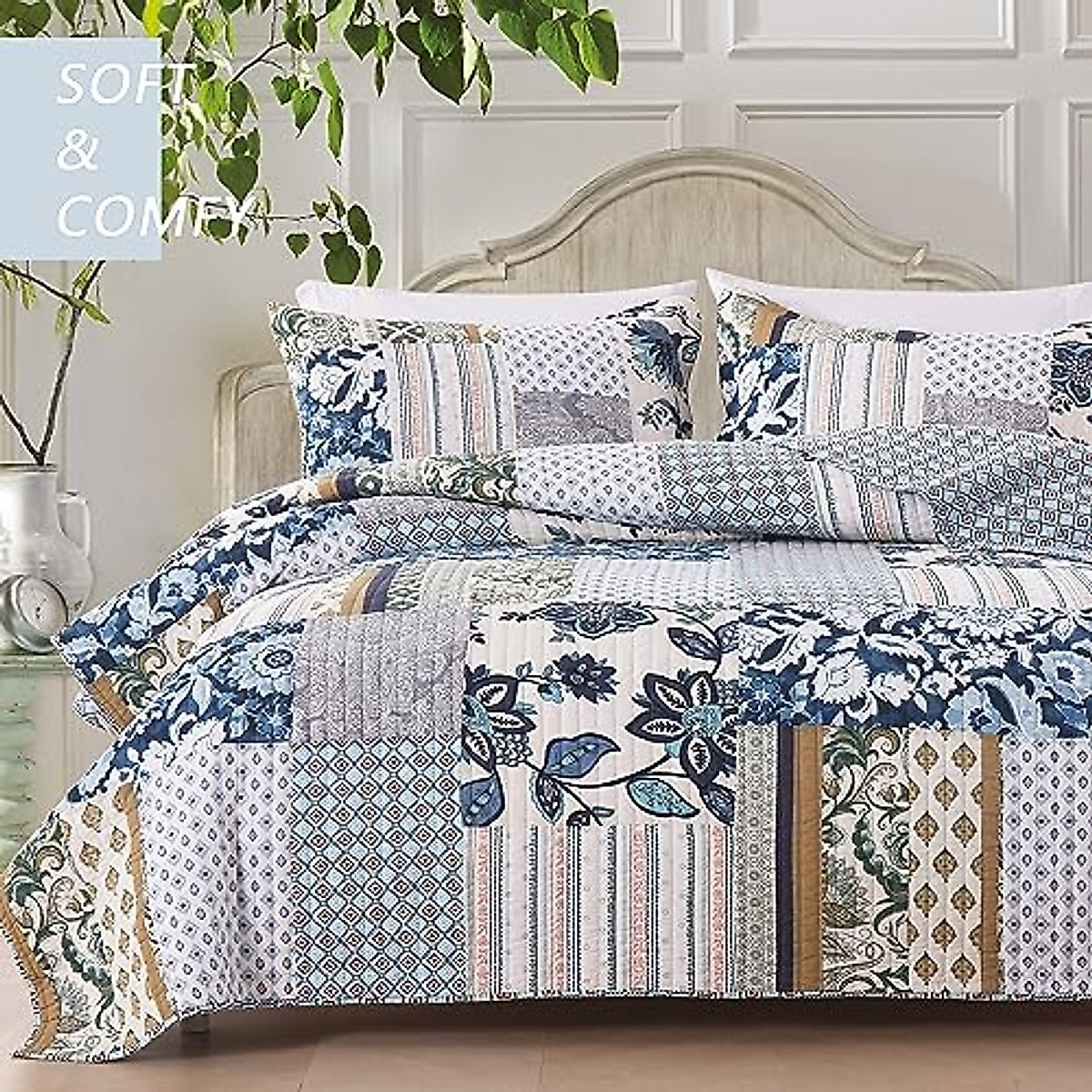 Secgo Quilt King Size - 100% Cotton Bedding Set (98 * 106 Inch) with 2 Pillow Shams, Patchwork Reversible Lightweight Bedspread, Quilted Coverlet Fit All-Season