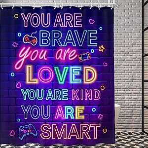 AMBZEK Neon Video Game Shower Curtain 60Wx72L Inch Inspirational Quotes Gaming Controller Modern Colorful Kids Teen Boys Artwork Cloth Fabric Waterproof Polyester Bathroom Decor Set with 12 Pack Hooks