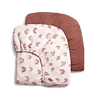 Muslin Crib Sheets Girl, Cotton Neutral Crib Sheet for Baby Girls and Boys, Fitted for Standard Crib Mattress & Toddler Bed Mattress (52"x28"), Soft and Breathable, 2 Pack (Rainbow&Cedar)
