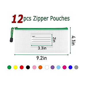 AUSTARK Plastic Mesh Zipper Pouch, 12Pcs Zipper File Bags with Label Pocket, Game Boards Storage Bags, Waterproof Document Storage Bags for Office Home Travel (Receipt Size 9.2x4.1 in)
