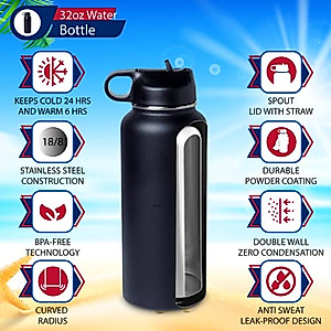 Gadsden Don't Tread On American Flag Water Bottle - DTOM Double Walled Stainless Steel Insulated Water Tumbler - Two-Sided Engraved Hydration Bottle Hot or Cold / 32 oz by Flaskimo