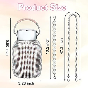 GENDLTHIJ Diamond Water Bottle Bling Stainless Steel Thermal Bottle, Colorful Vacuum Flask Refillable Insulated Water Bottle with Chain Glitter Water Bottle with Pearl Bracelet for Women Girl (Silver)