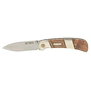 Old Timer OT Ironwood and Nickel 7in High Carbon S.S. Spring Assisted Folding Knife with a 3in Drop Point Blade and Ironwood Handle for Outdoor, Hunting, Camping and EDC,Brown