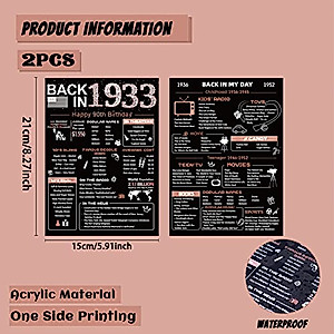 Crenics Rose Gold 90th Birthday Decorations for Women, 2 Pieces Back in 1933 Birthday Poster with Stand, 1933 90th Birthday Gifts Table Centerpieces Party Supplies