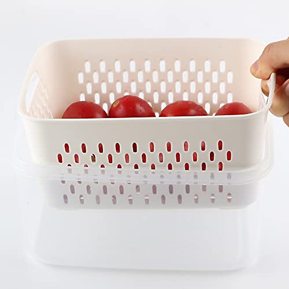 Food Storage Container,3 Piece Set, Vegetable Fruit Storage Container, Built-in Removable Drain Basket, Stackable Storage Container for Fridge