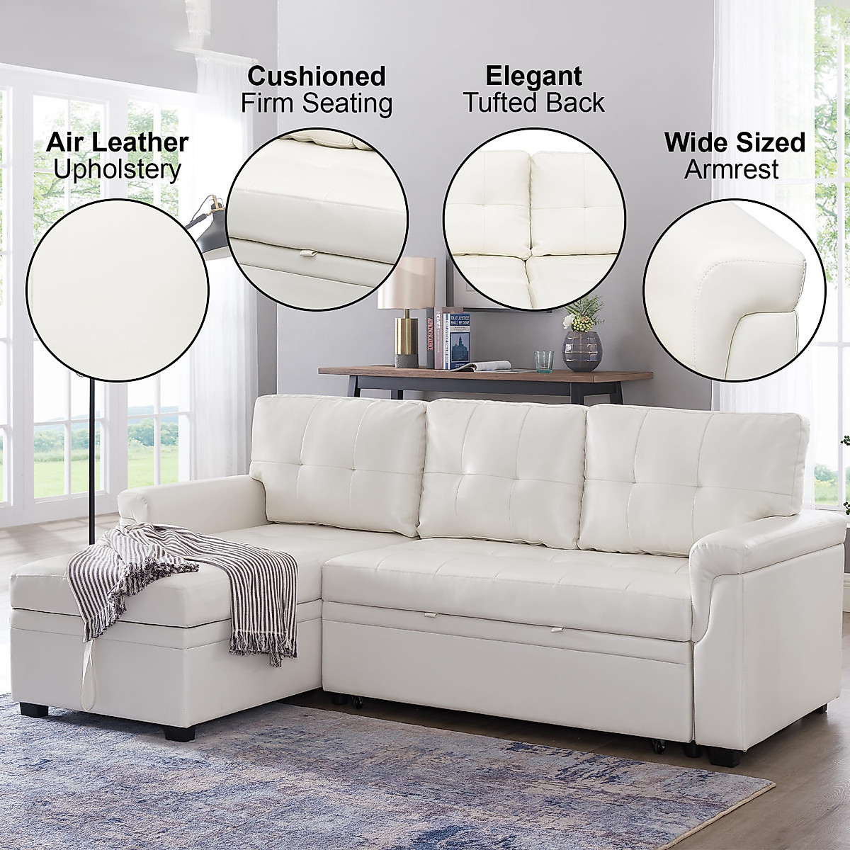 Naomi Home Transform Any Space: Sleeper Sectional Sofa with Convertible Sofa Bed & Inviting Chaise. Find Tranquil Comfort with Stress-Relieving Design & Durable Cushions - White/Air Leather