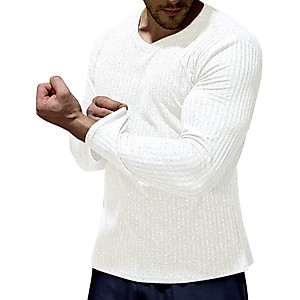 CTU Men's Fashion Athletic T-Shirts Long Sleeve Shirts Workout V Neck Solid Color Tee Shirt Top White