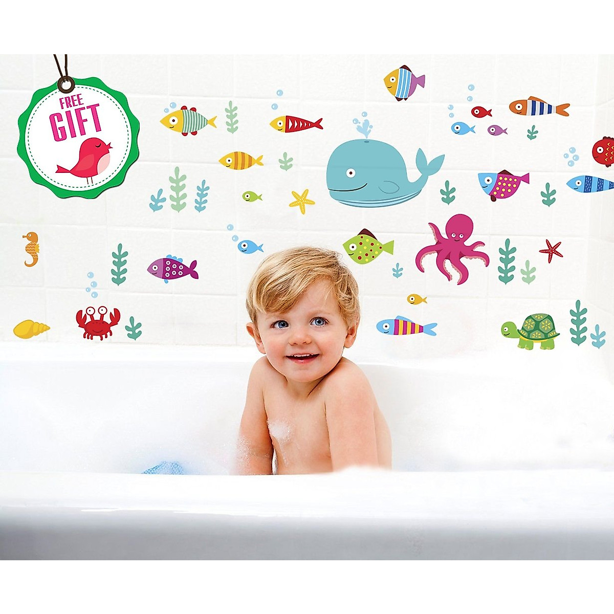 Ocean Fish Wall Decals – Sea Whale Turtle Tropical Creatures Bathroom Stickers - Cartoon Decorative Bathroom Wall Decal for Kids [>50 Art Decals]