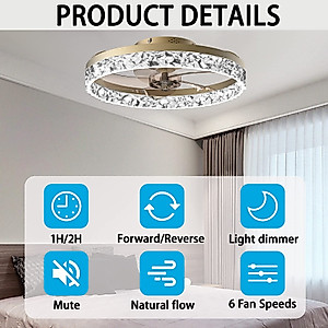 QUMFIXPU 19.7 inch Low Profile Ceiling Fan with Light, Flush Mount Remote Control Timing and Dimmable LED Fan Light, 6 Wind Speed 5 Reversible Invisible Blades,Gold