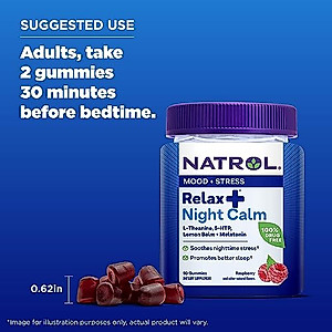 Natrol Mood+ Stress Relax+ Night Calm Gummies With L-Theanine, 5-HTP, Lemon Balm and Melatonin, Drug-Free Dietary Supplement for Nighttime Stress and Better Sleep, 50 Gummies, 25 Day Supply
