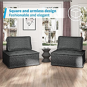 Mjkone Armless Floor Couch 2PCS Free Combination Floor Sofa Chair Comfy Modular Sofa with Removable Back Cushion Variable Sectional Sofa Couches for Living Room Apartment Office Small Space, Dark Grey