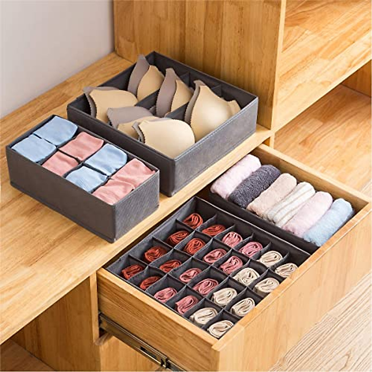 Qozary 4 Pack Drawer Organizer and 2 Pack Socks, Underwear Drawer Organizer