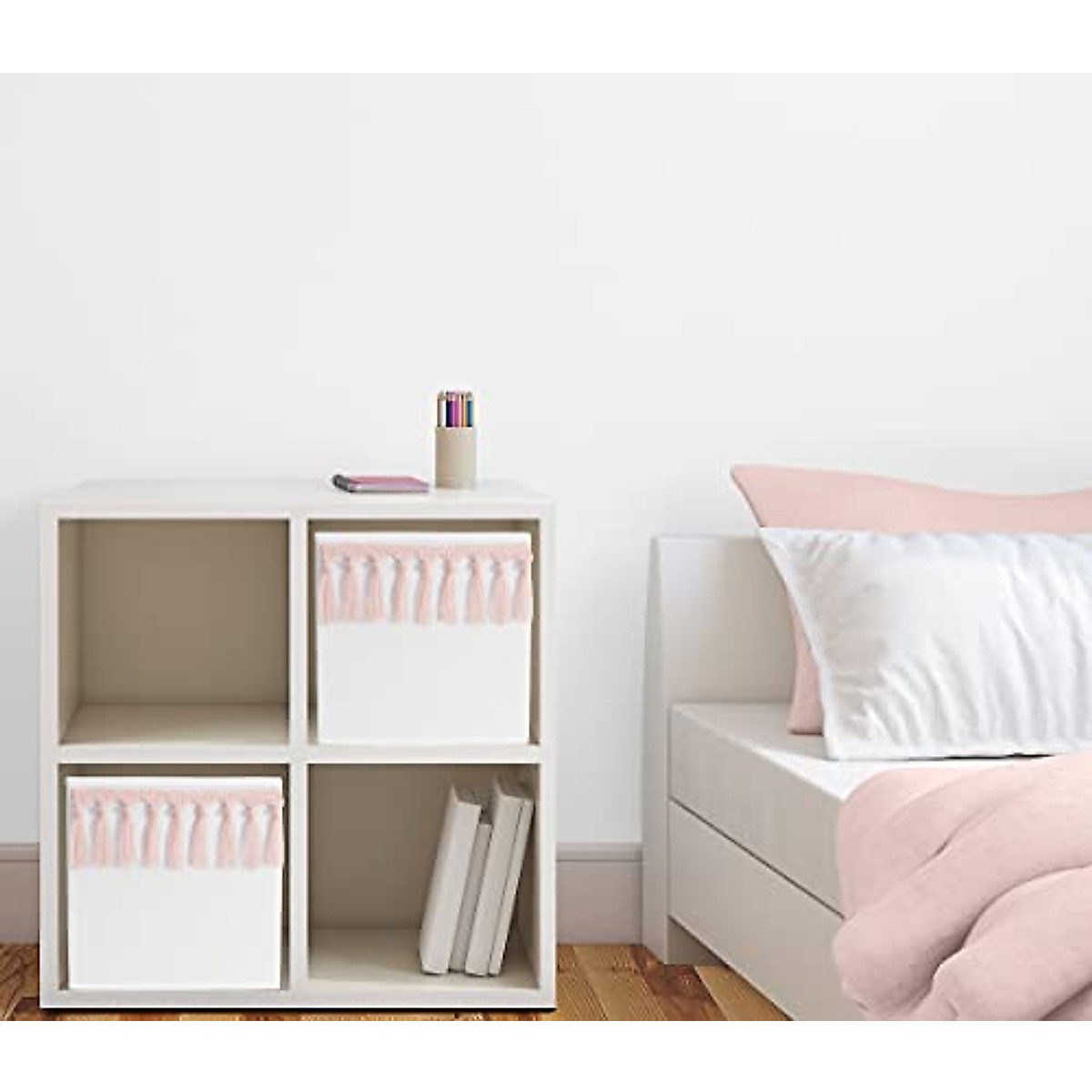 Sweet Jojo Designs Boho Bohemian Foldable Fabric Storage Cube Bins Boxes Organizer Toys Kids Baby Children - Set of 2 - Blush Pink White Farmhouse Shabby Chic Designer Modern Minimalist Tassel Macrame