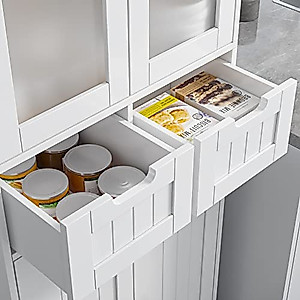 HORSTORS Tall Storage Cabinet, Freestanding Kitchen Pantry Cabinet with Glass Doors and Shelves, Large Modern Cupboard with 2 Drawers for Home Office, White, 23.6" L x 11.8" D x 66.9" H